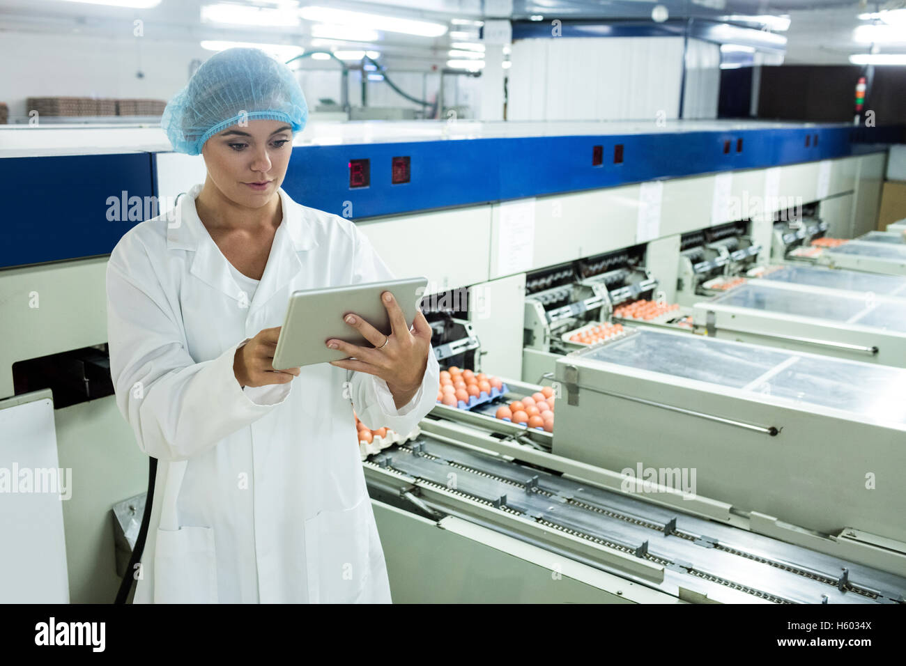 Female staff using digital tablet next to production line Stock Photo ...