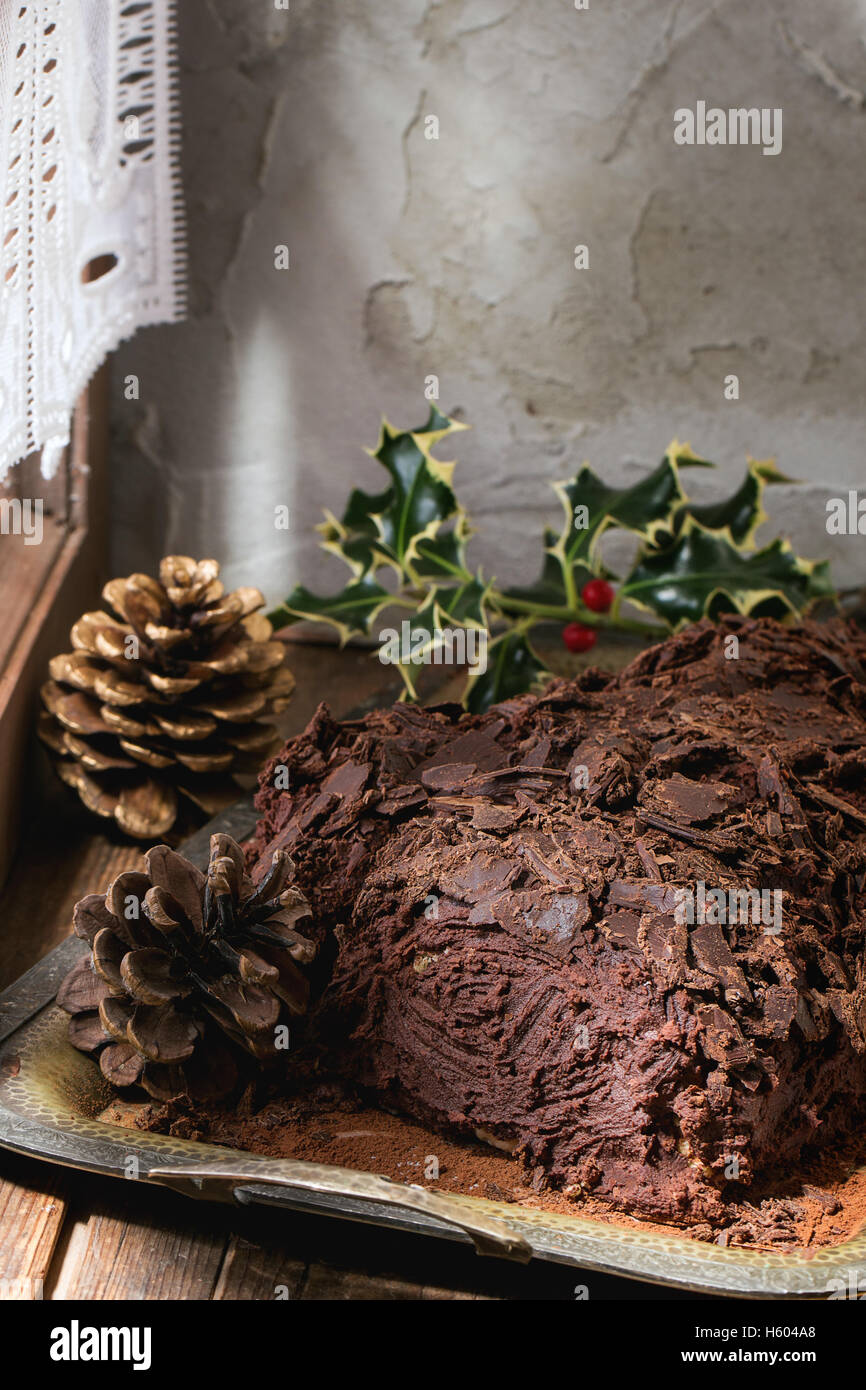 Homemade christmas chocolate yule log Stock Photo - Alamy