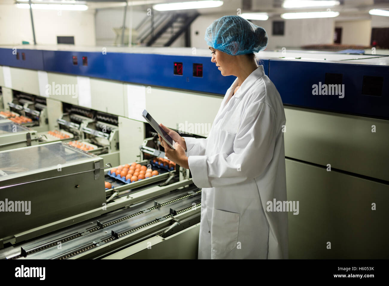 Female staff using digital tablet next to production line Stock Photo ...
