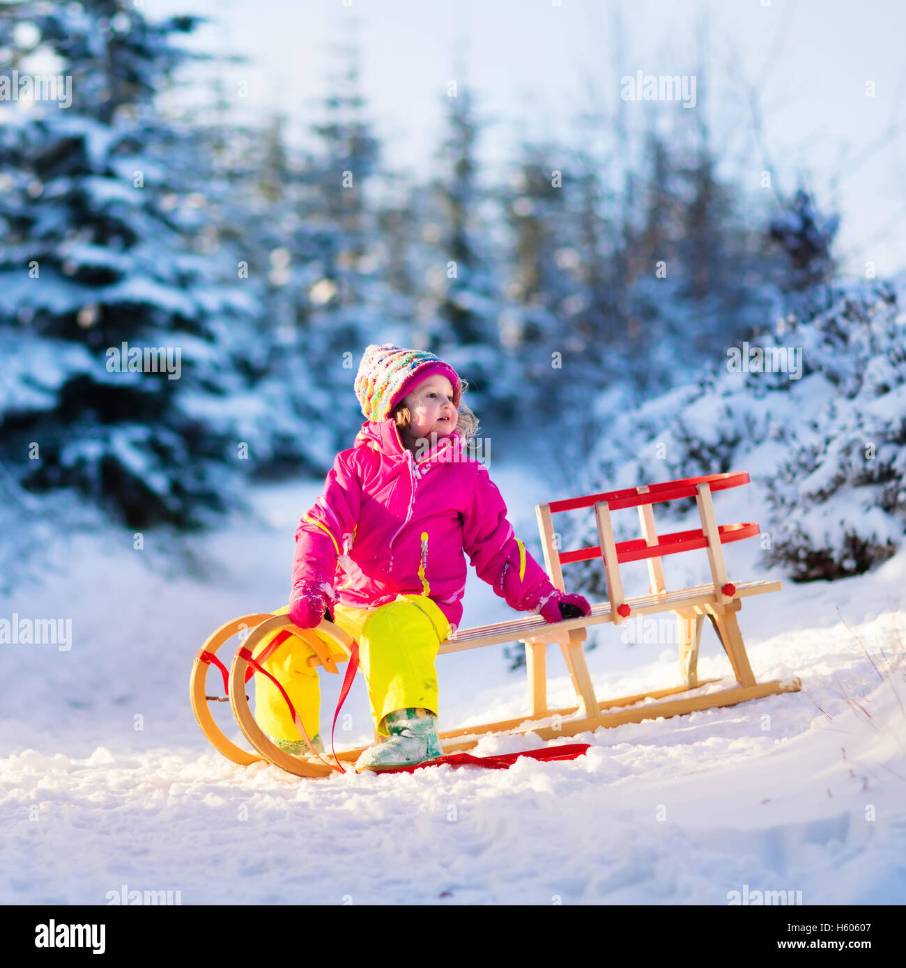 Little girl enjoying a sleigh ride. Child sledding. Toddler kid riding ...