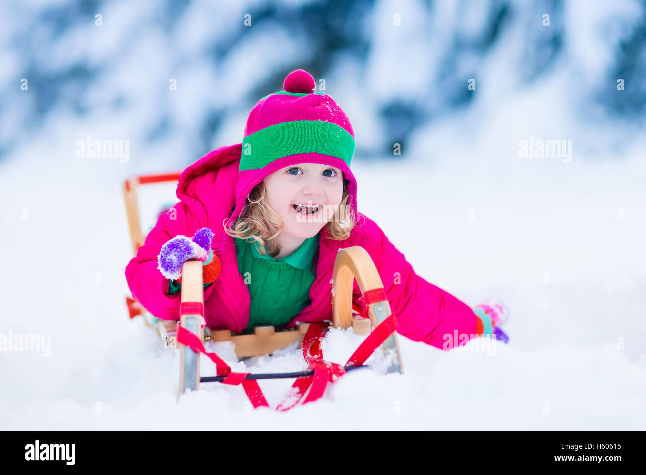 Little girl enjoying a sleigh ride. Child sledding. Toddler kid riding a sledge. Children play ...