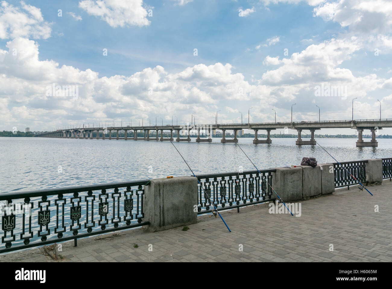 A long concrete bridge across the Dnieper River. Ukraine Stock Photo ...