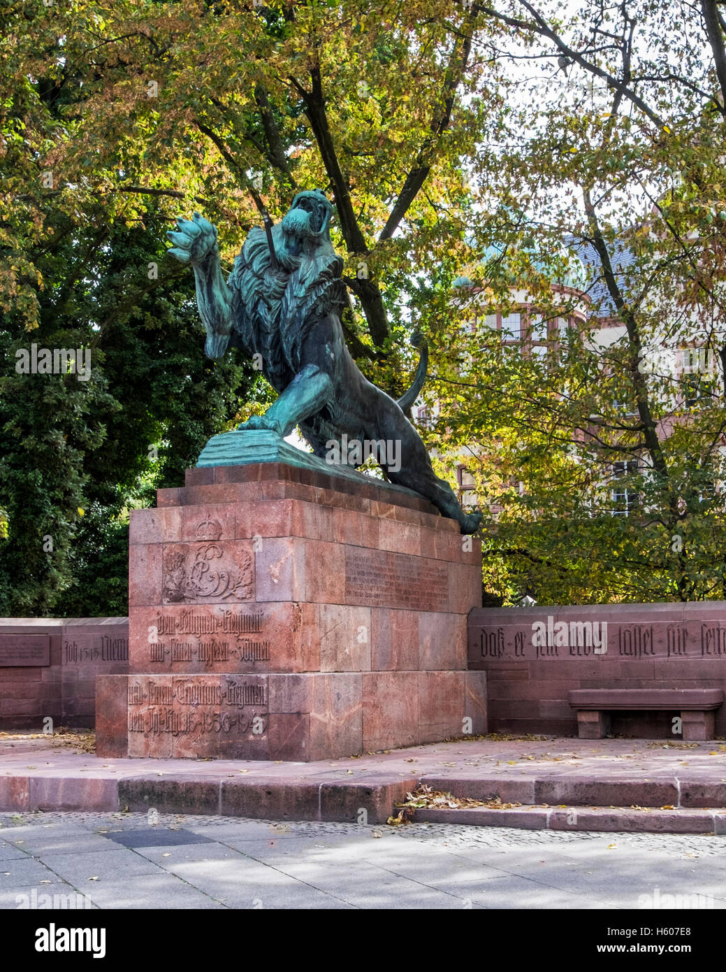 Darmstadt, Hesse, Germany. Bronze lion with two spears in chest. Life ...