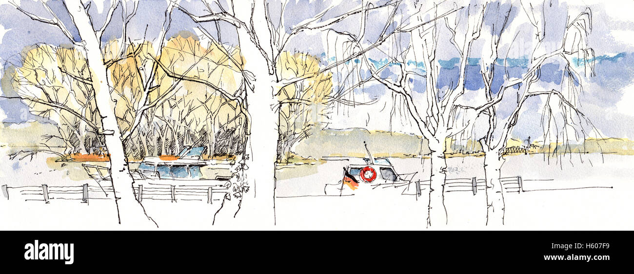 Watercolor Riverside Landscape with Boats and Trees Stock Photo - Alamy