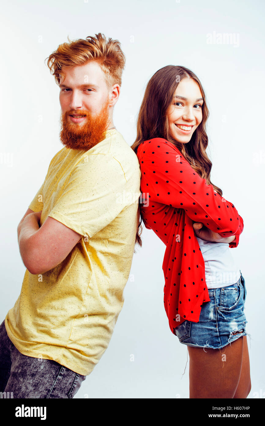 young attractive couple together having fun happy smiling isolated on white background ...