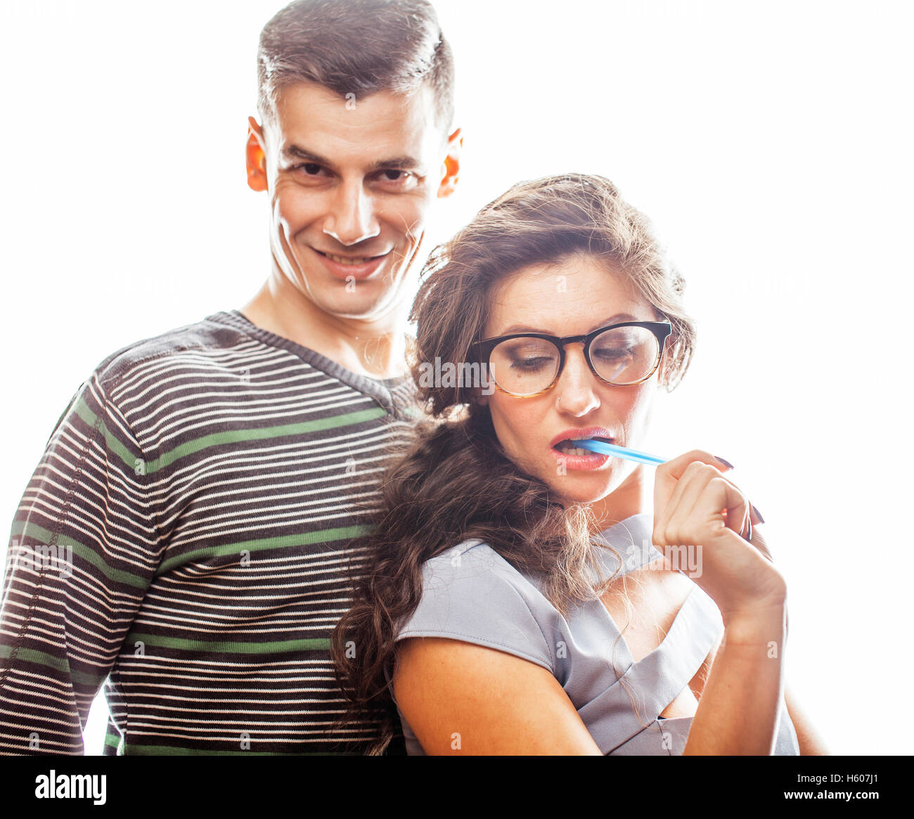 love affair at work, young pretty couple, man and woman together ...