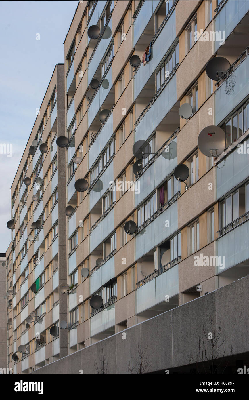 Apartment building with many satellite dishes Stock Photo - Alamy