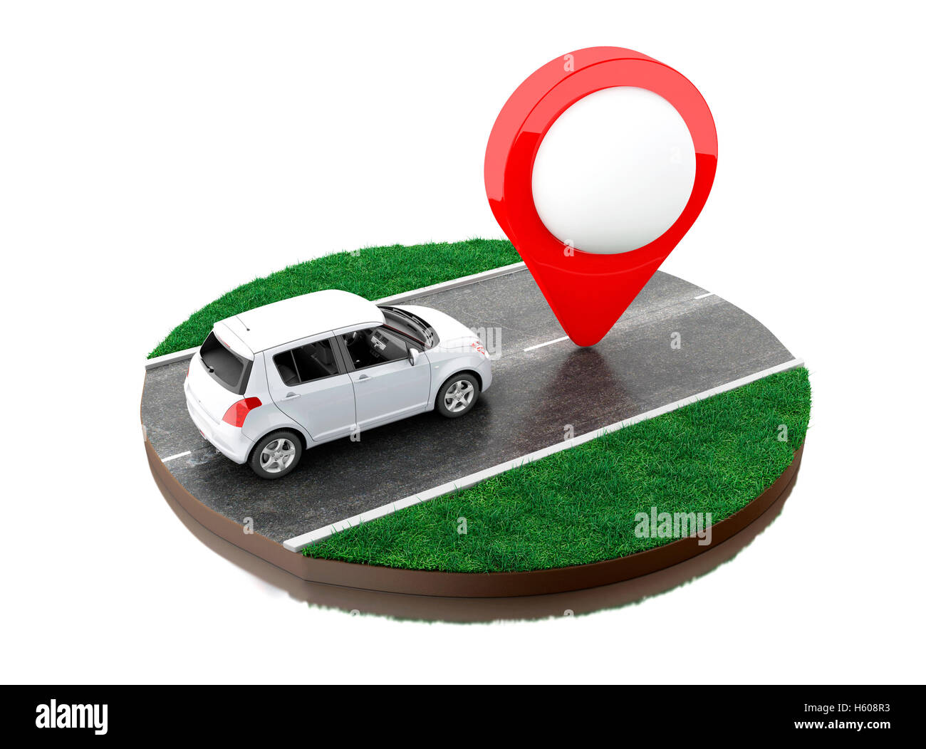 3d renderer image. Car on the road with map pointer. Navigation concept ...