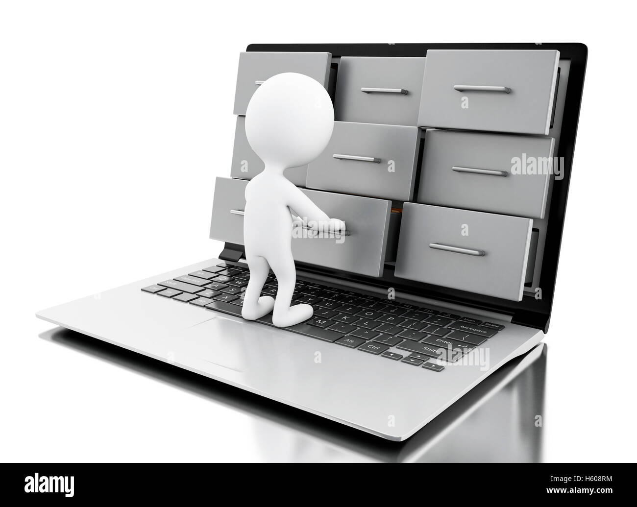 3d renderer image. White people searching folders in a laptop. Archive ...