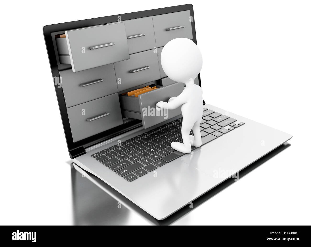 3d renderer image. White people searching folders in a laptop. Archive ...