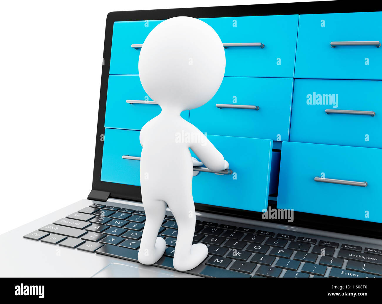 3d renderer image. White people searching folders in a laptop. Archive ...