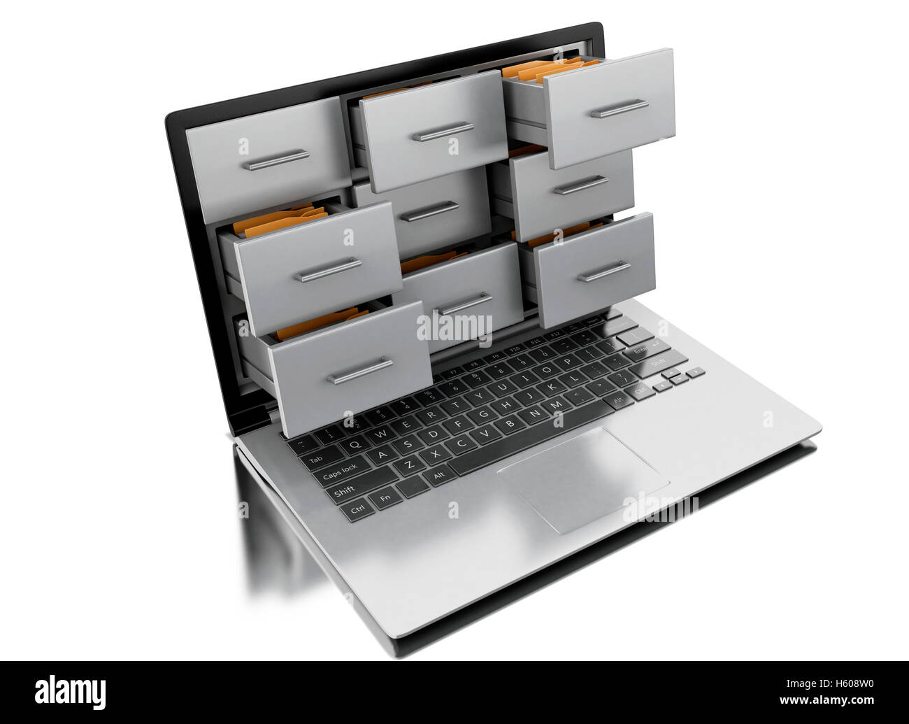 3d renderer image. Files and folders in laptop. Archive concept ...