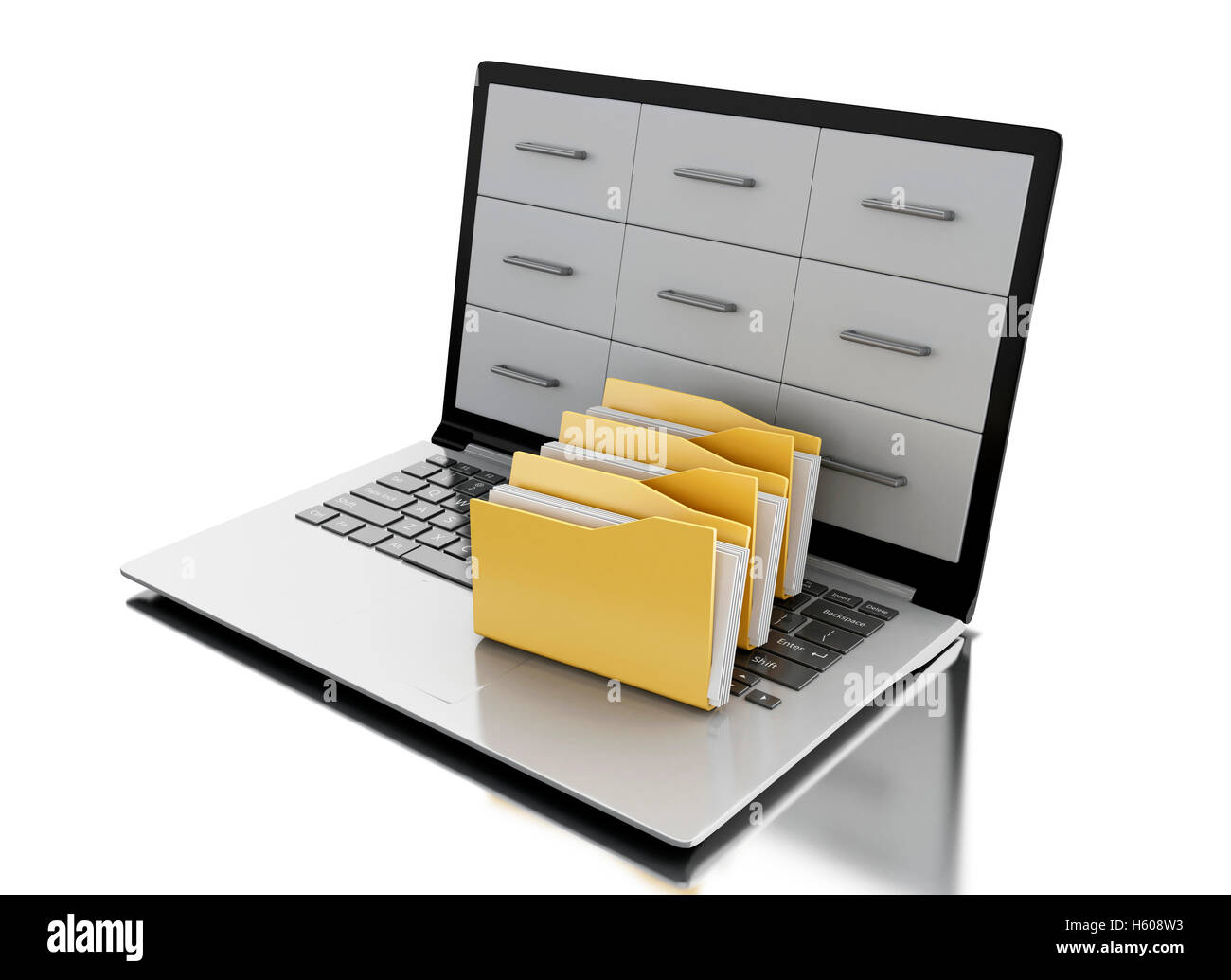 3d renderer image. Files and folders in laptop. Archive concept ...