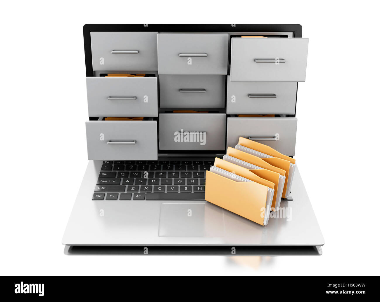 3d renderer image. Files and folders in laptop. Archive concept ...