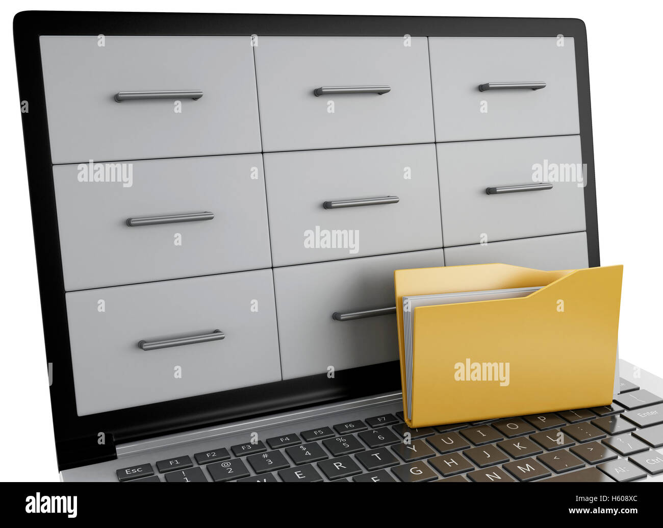 3d renderer image. Files and folders in laptop. Archive concept ...