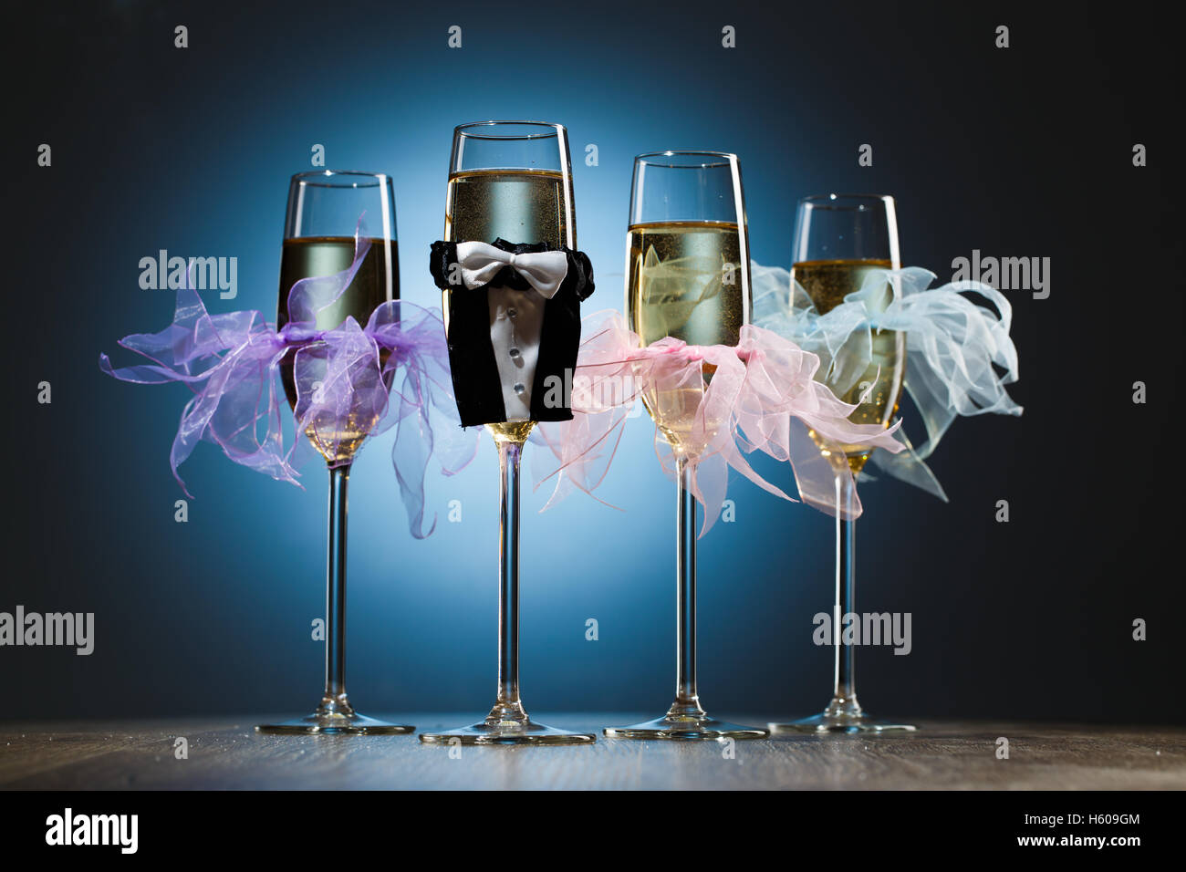 Conceptual decorated champagne glasses for party. Celebration concept ...