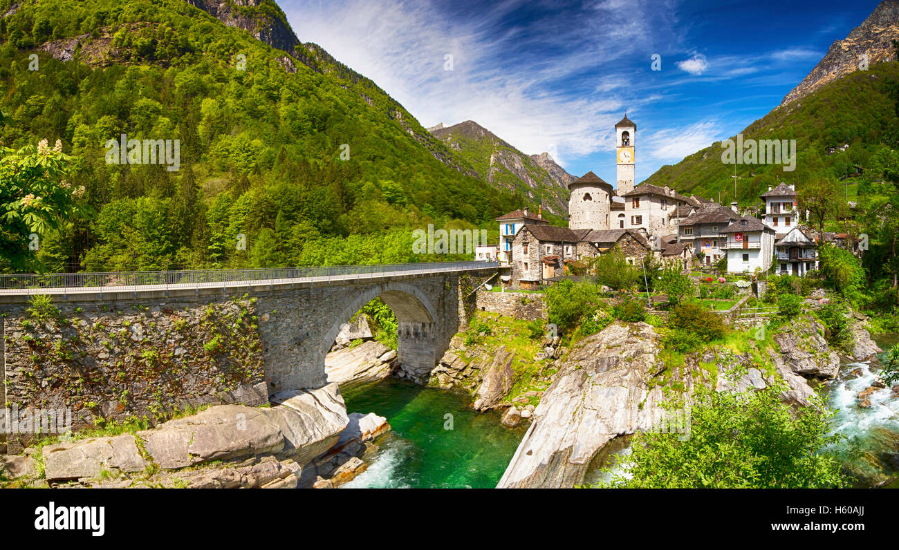 View to Lavertezzo village, famous Swiss village with double arch stone ...