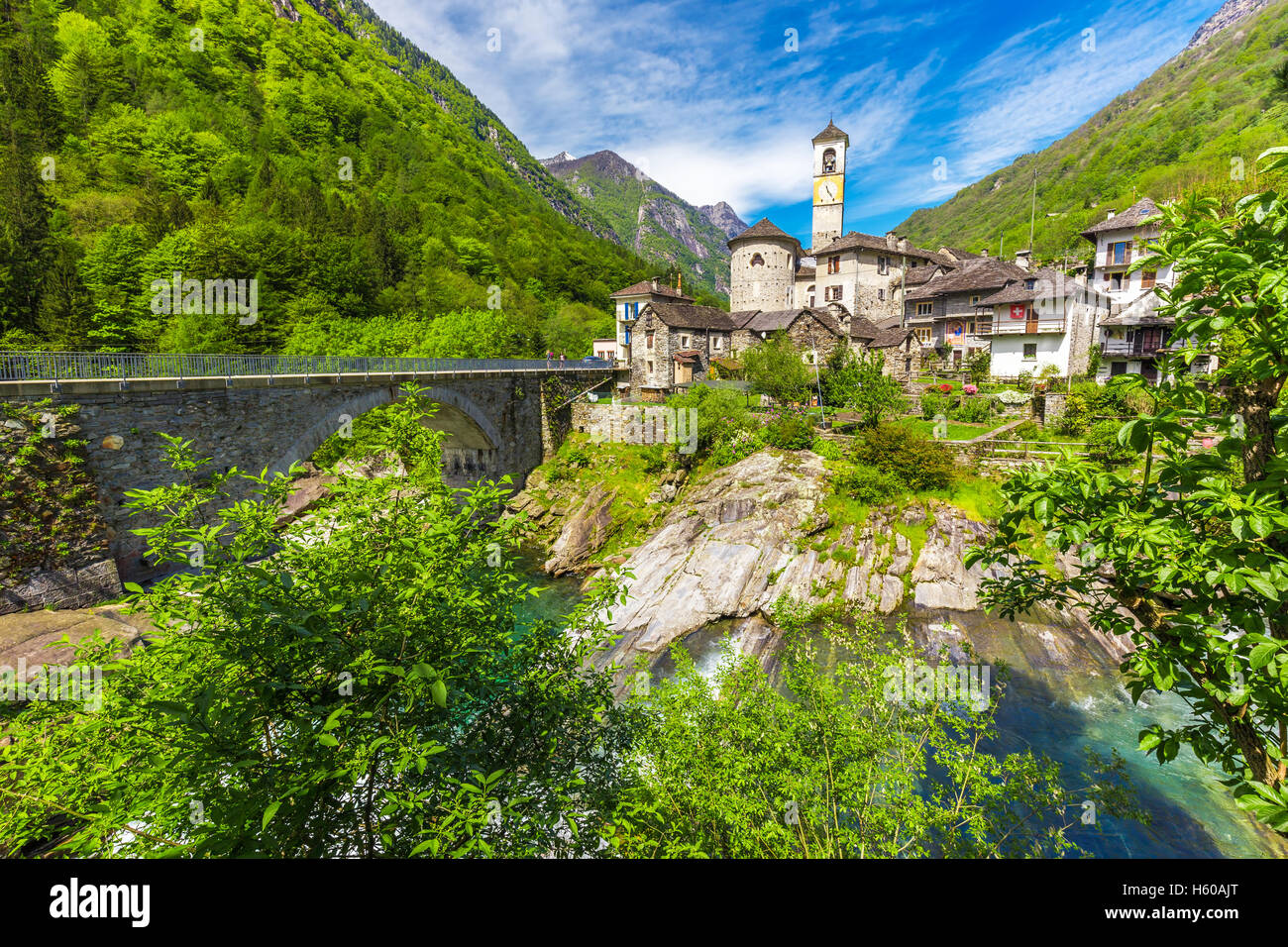 View to Lavertezzo village, famous Swiss village with double arch stone ...