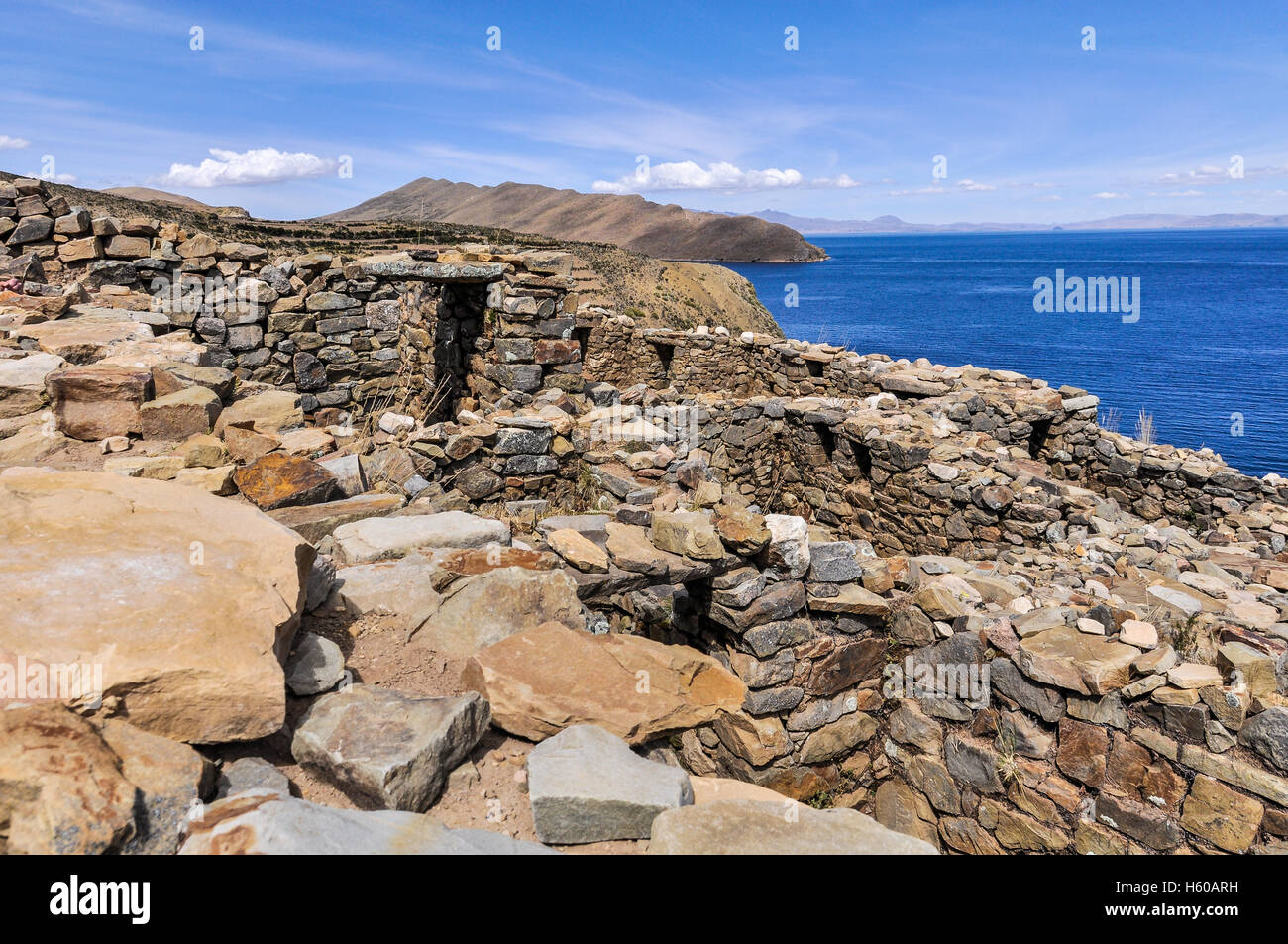 Ancient ruins on the Isla del Sol on the Lake Titicaca in Bolivia Stock ...