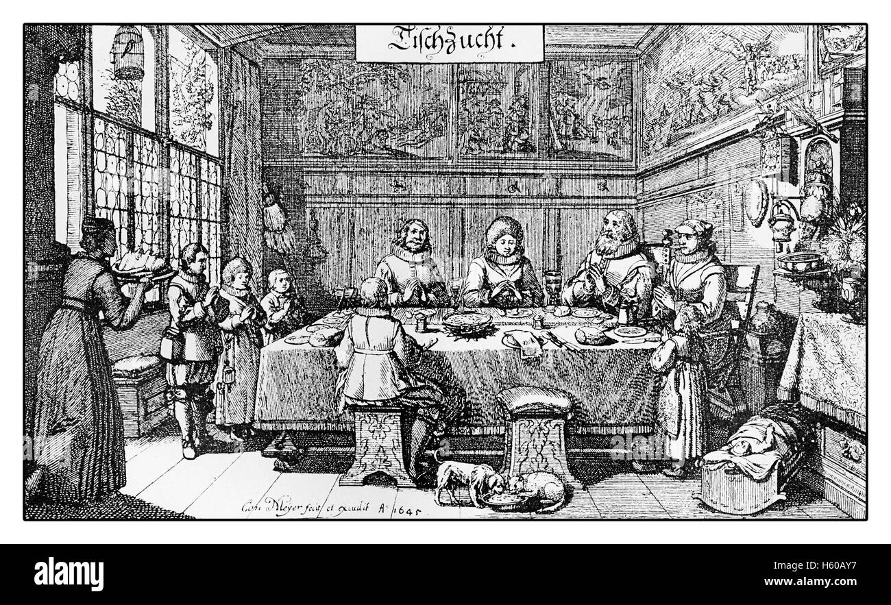 Year 1645, Germany vintage engraving: family reunited at table in the ...