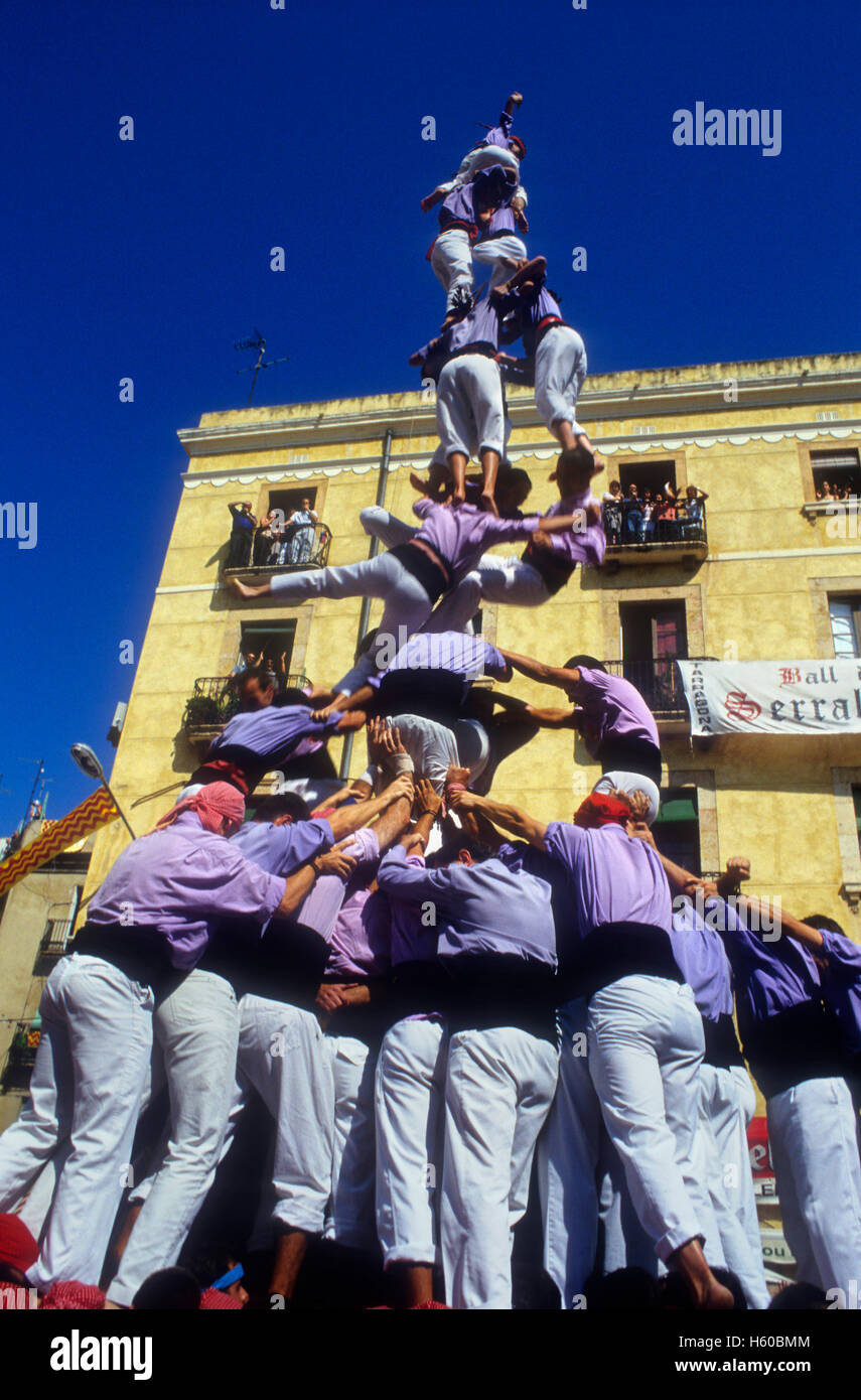 Jove Xiquets de Tarragona.Human tower falling.'Castellers' building ...