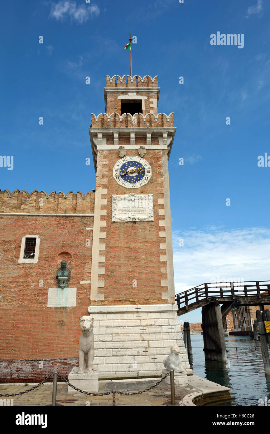 Clock tower at the entrance of the historic Venetian Arsenal and Naval ...