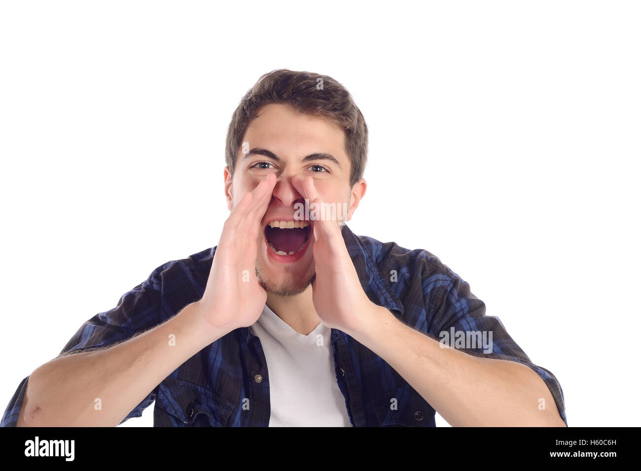 Portrait of a young man shouting. Isolated white background Stock Photo ...