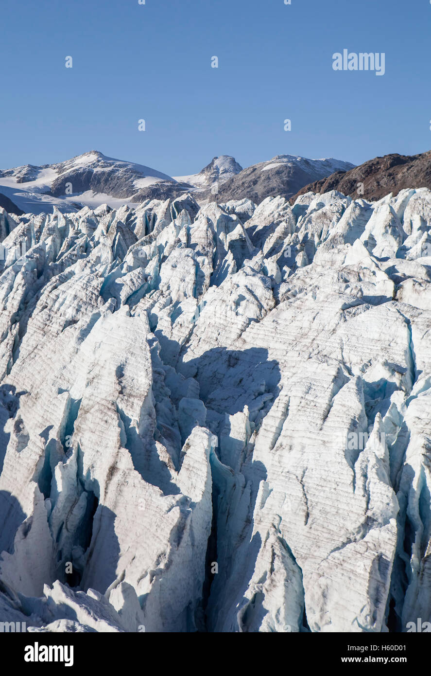 Aerial photo of deep crevasses in an Alaskan glacier on a sunny day ...