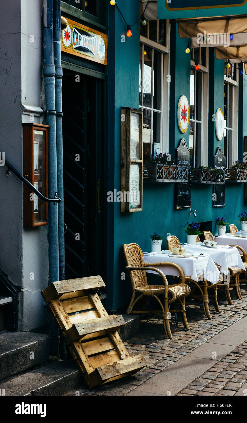 Restaurant in Denmark with tables and a wooden crate in front of the ...