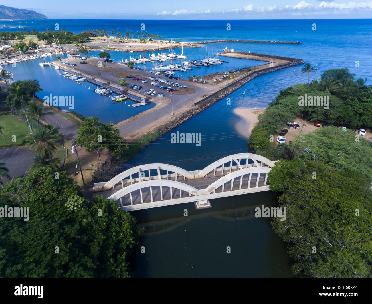 Aerial view of Anahulu bridge and Harbor boat harbor in Hale'iwa on the ...