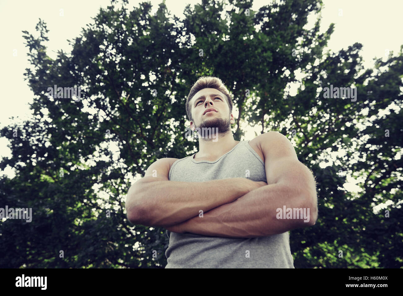 sporty young man with crossed arms at summer park Stock Photo - Alamy