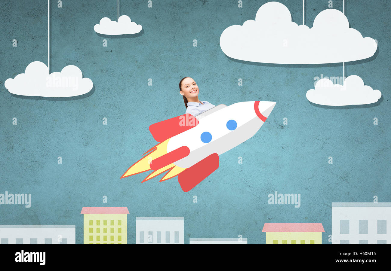 businesswoman flying on rocket above cartoon city Stock Photo - Alamy