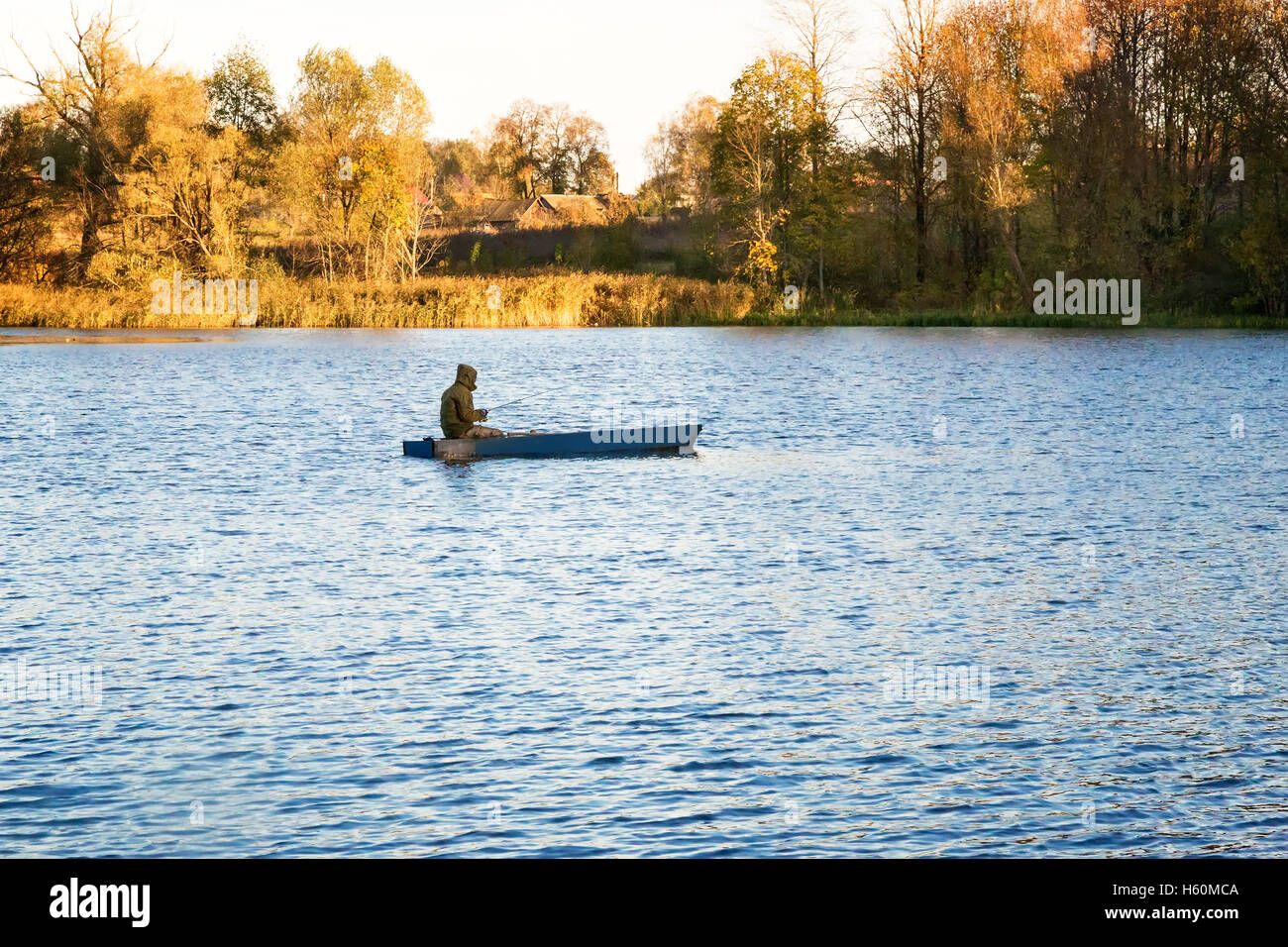 On the shore of a large lake with trees with yellow leaves. Fisherman ...
