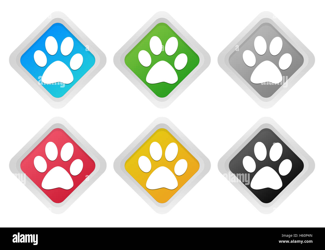 Set of rhombus shaped colorful buttons with pet footprints symbol in ...