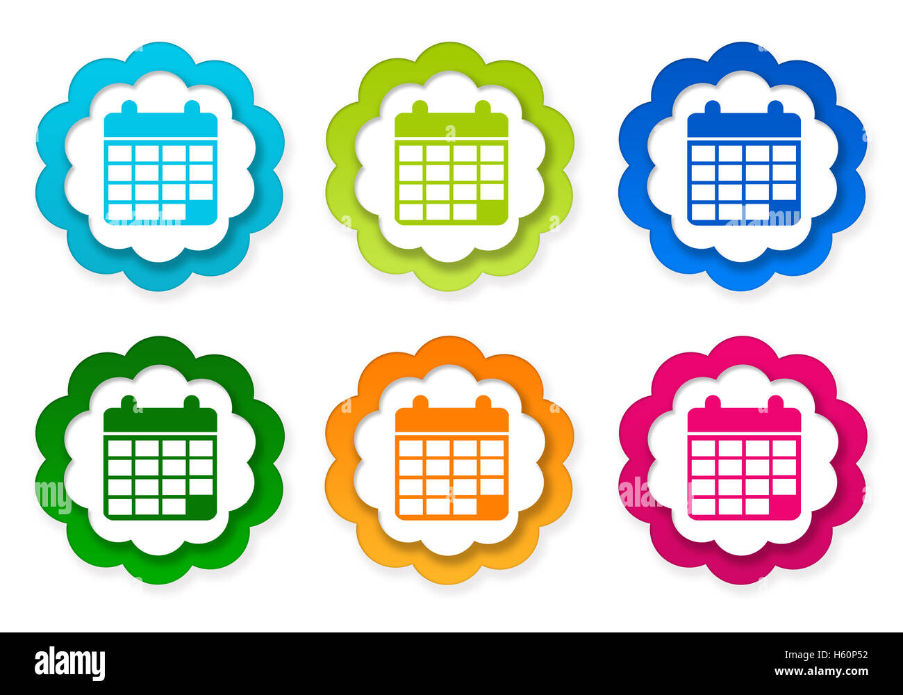 Set of colorful sticker icons with calendar symbol in blue, green, pink ...