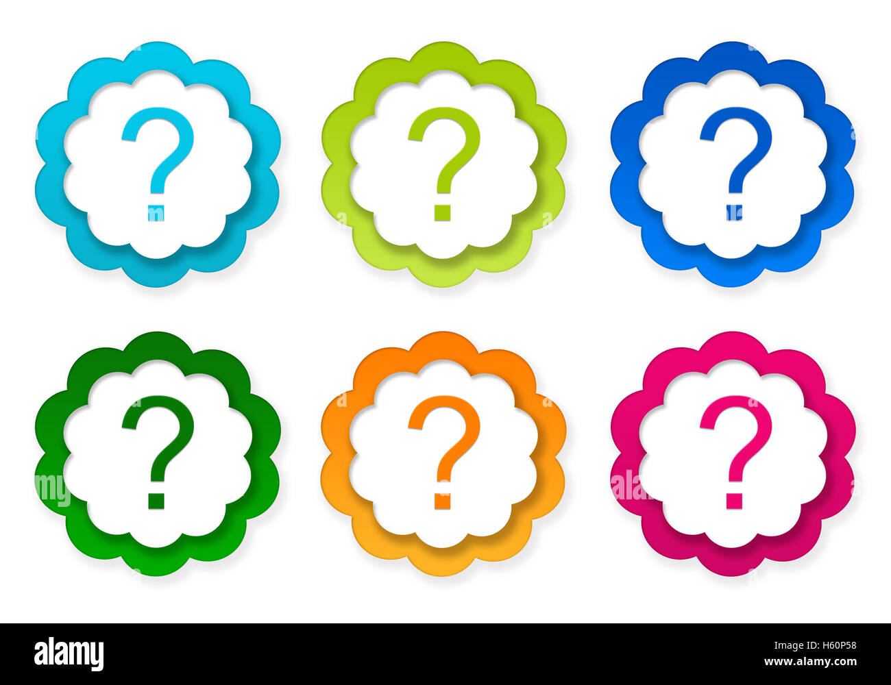 Set of colorful sticker icons with question mark symbol in blue, green ...