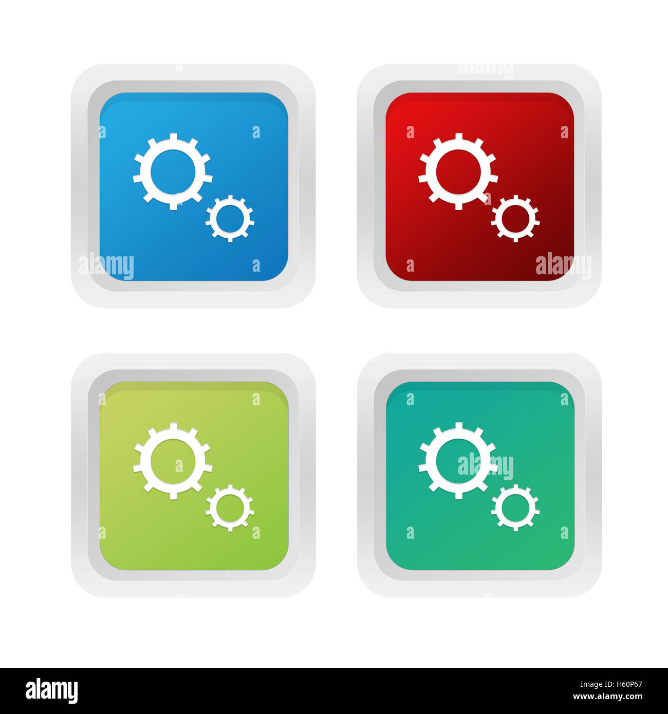 Set of squared colorful buttons with gears symbol in blue, green and ...