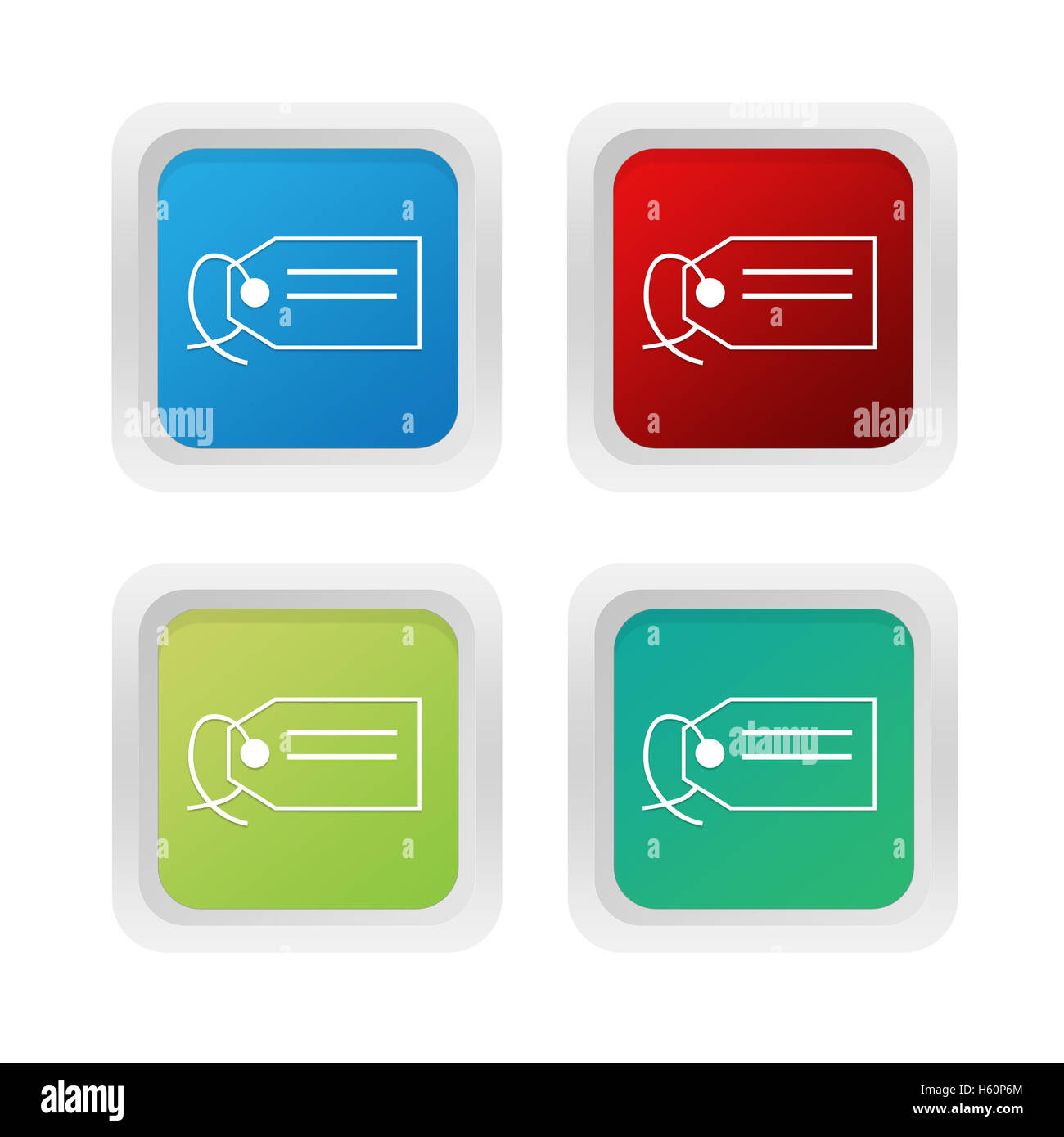 Set of squared colorful buttons with label symbol in blue, green and ...