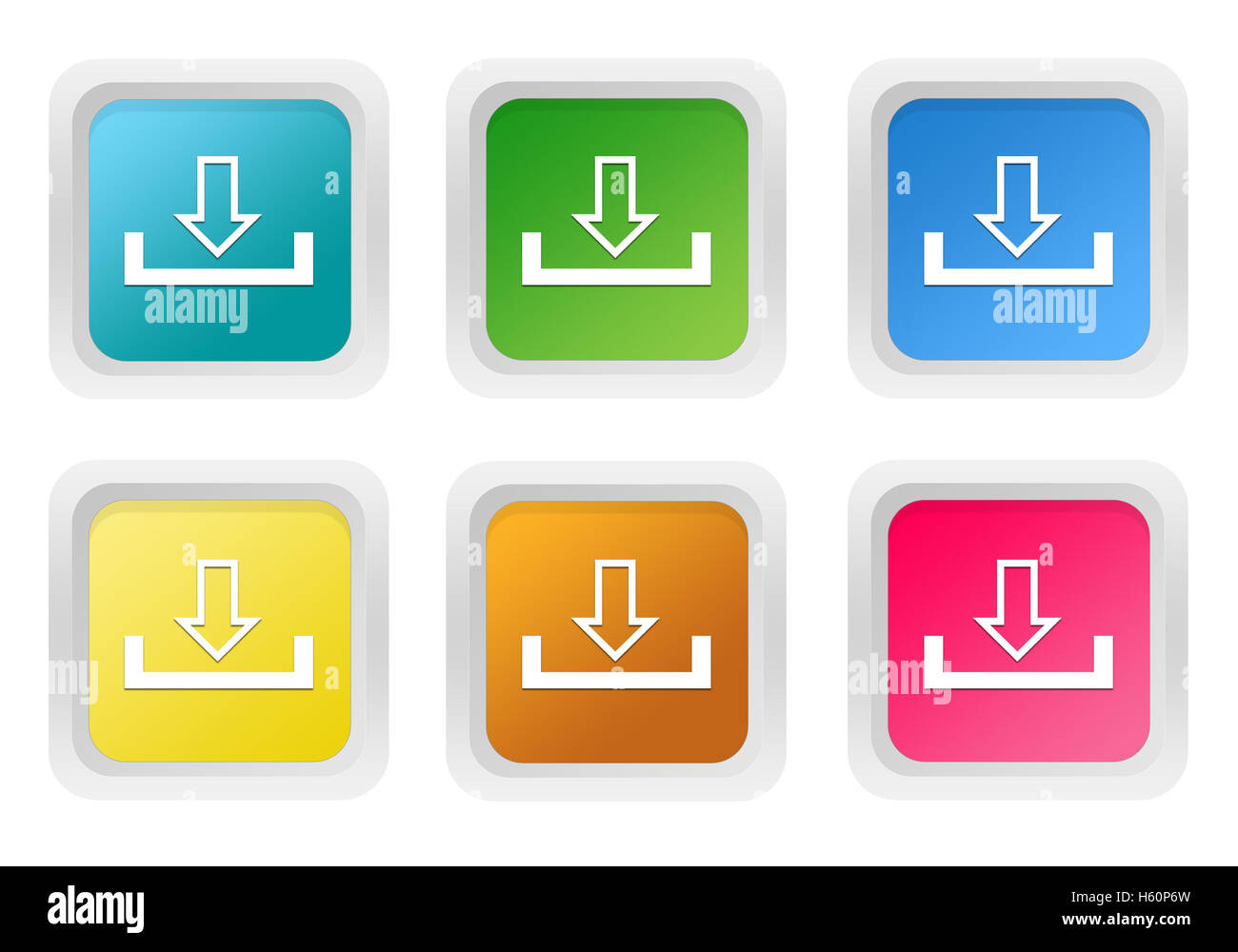 Set of squared colorful buttons with download symbol in blue, green ...