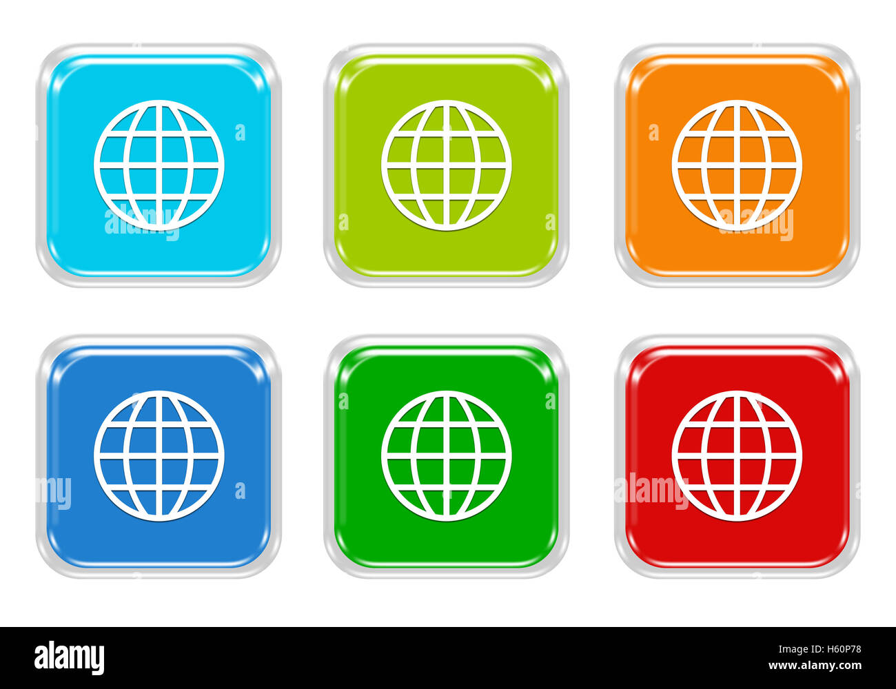 Set of squared colorful buttons with world symbol in blue, green ...