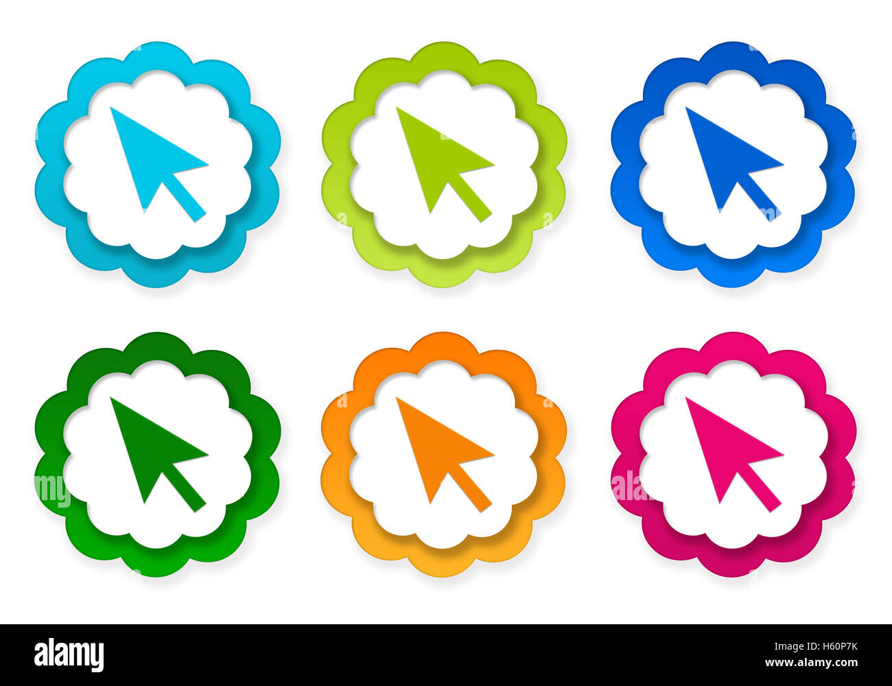 Set of colorful stickers icons with arrow symbol in blue, green, yellow ...
