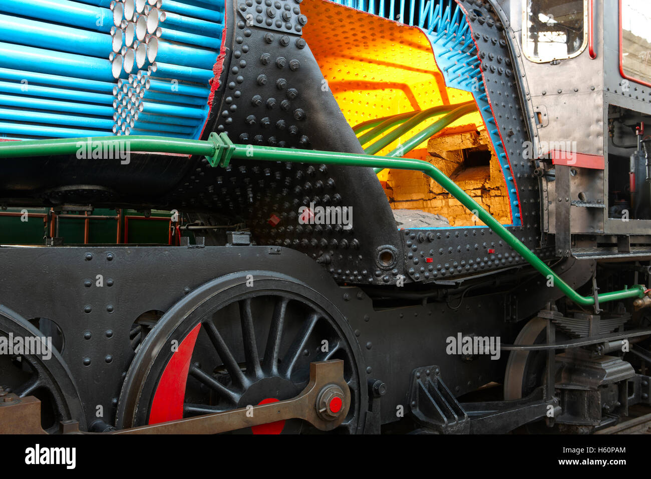 Steam locomotive with boiler section interior detail and pipes ...