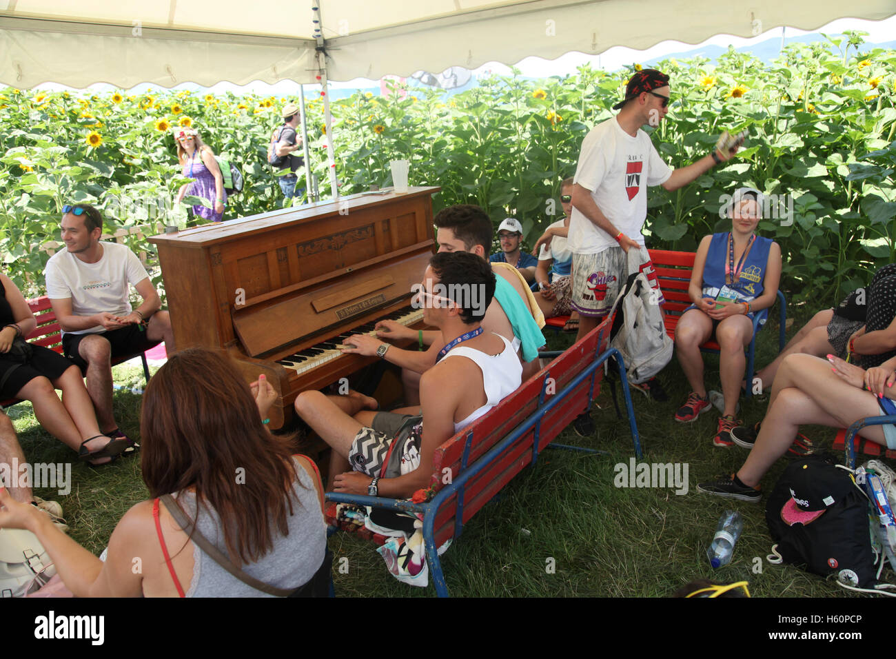 Visitors to the Pohoda music festival playing the piano and enjoying ...