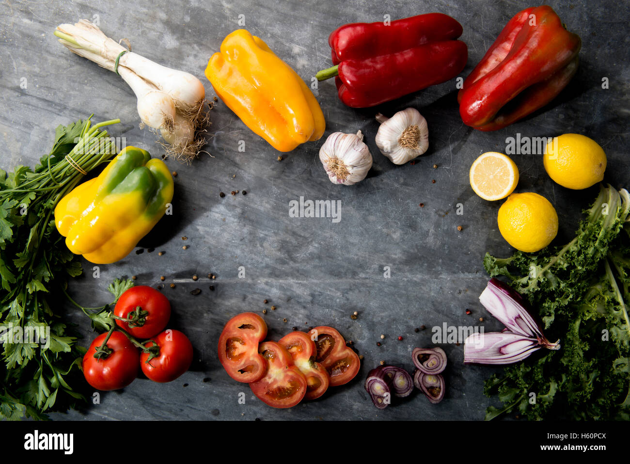 fresh vegetables on black marble view from above in a modern style with ...