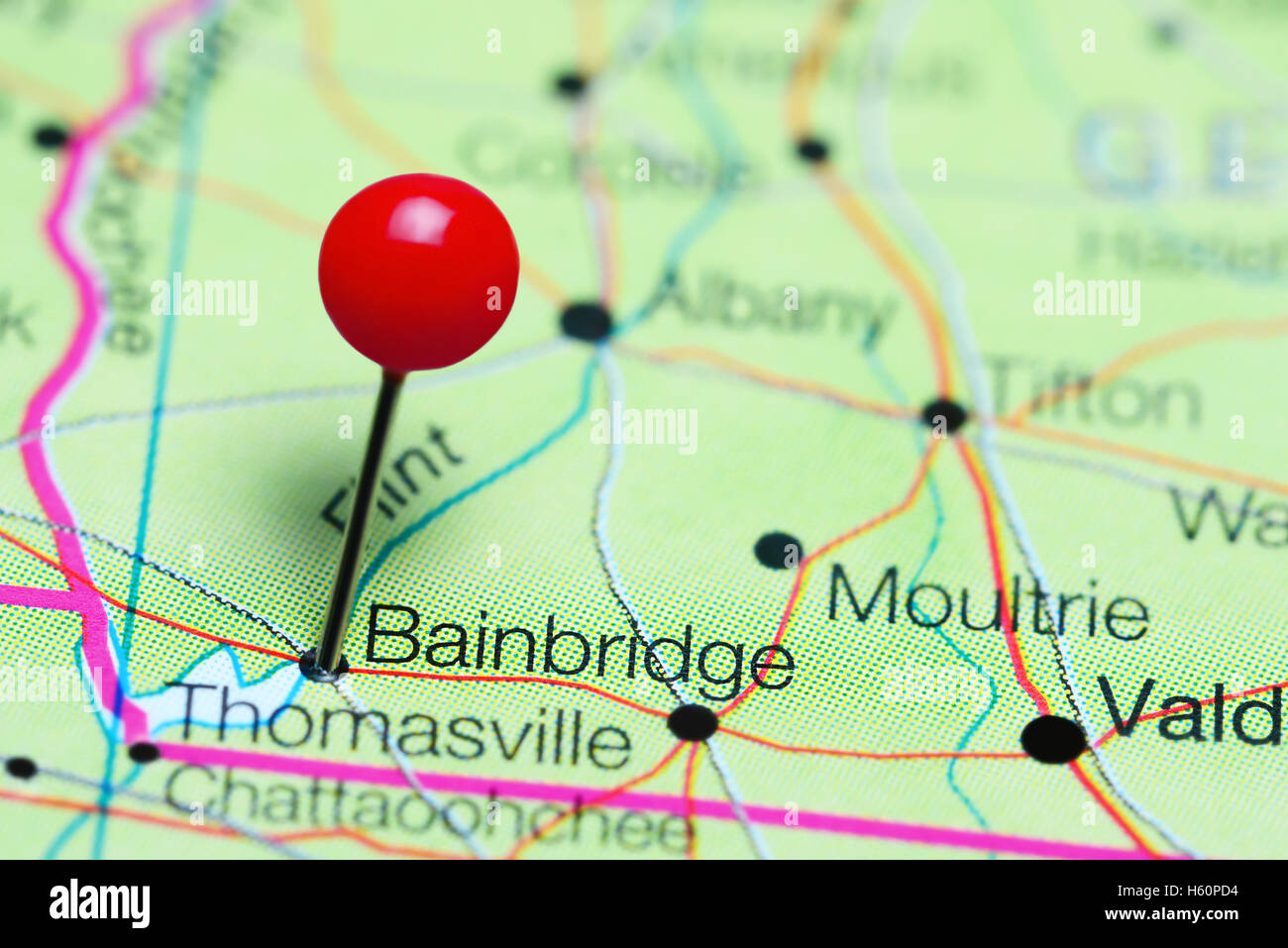Bainbridge pinned on a map of Georgia, USA Stock Photo - Alamy