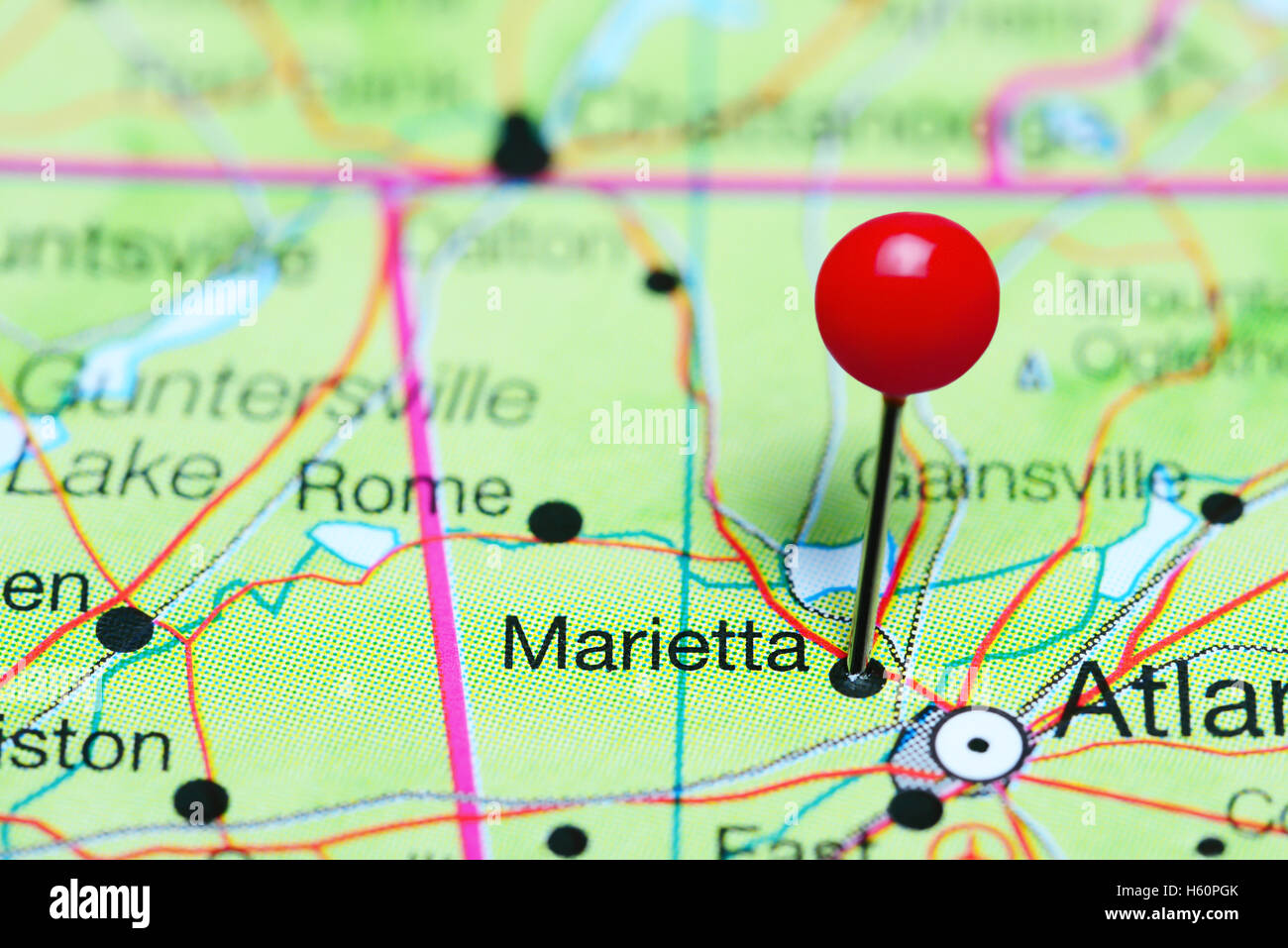 Marietta pinned on a map of Georgia, USA Stock Photo - Alamy