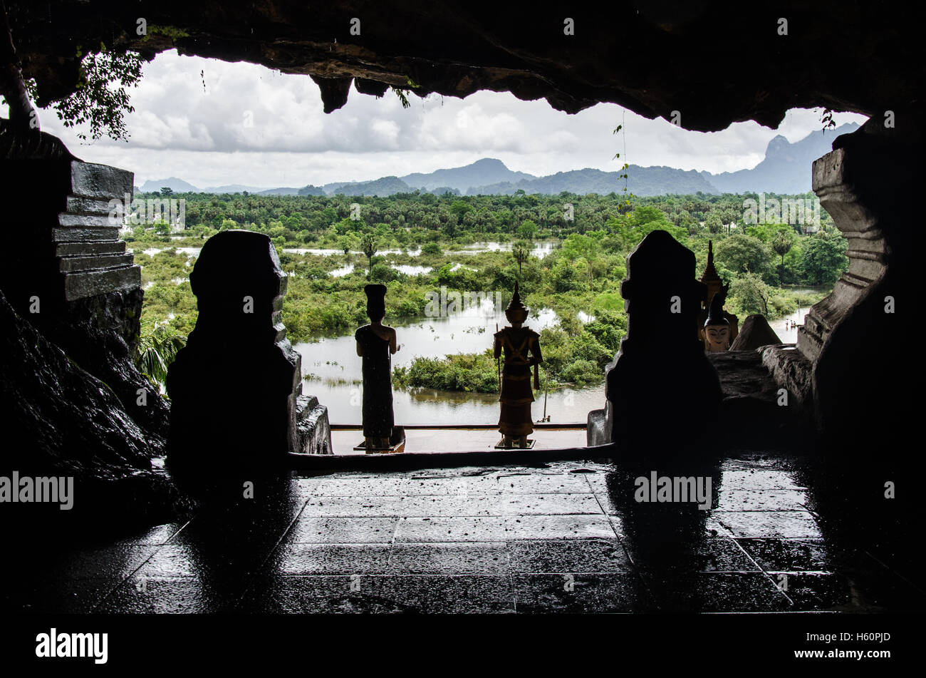A Buddhist temple built into the caves in the surroundings of Hpa-An ...