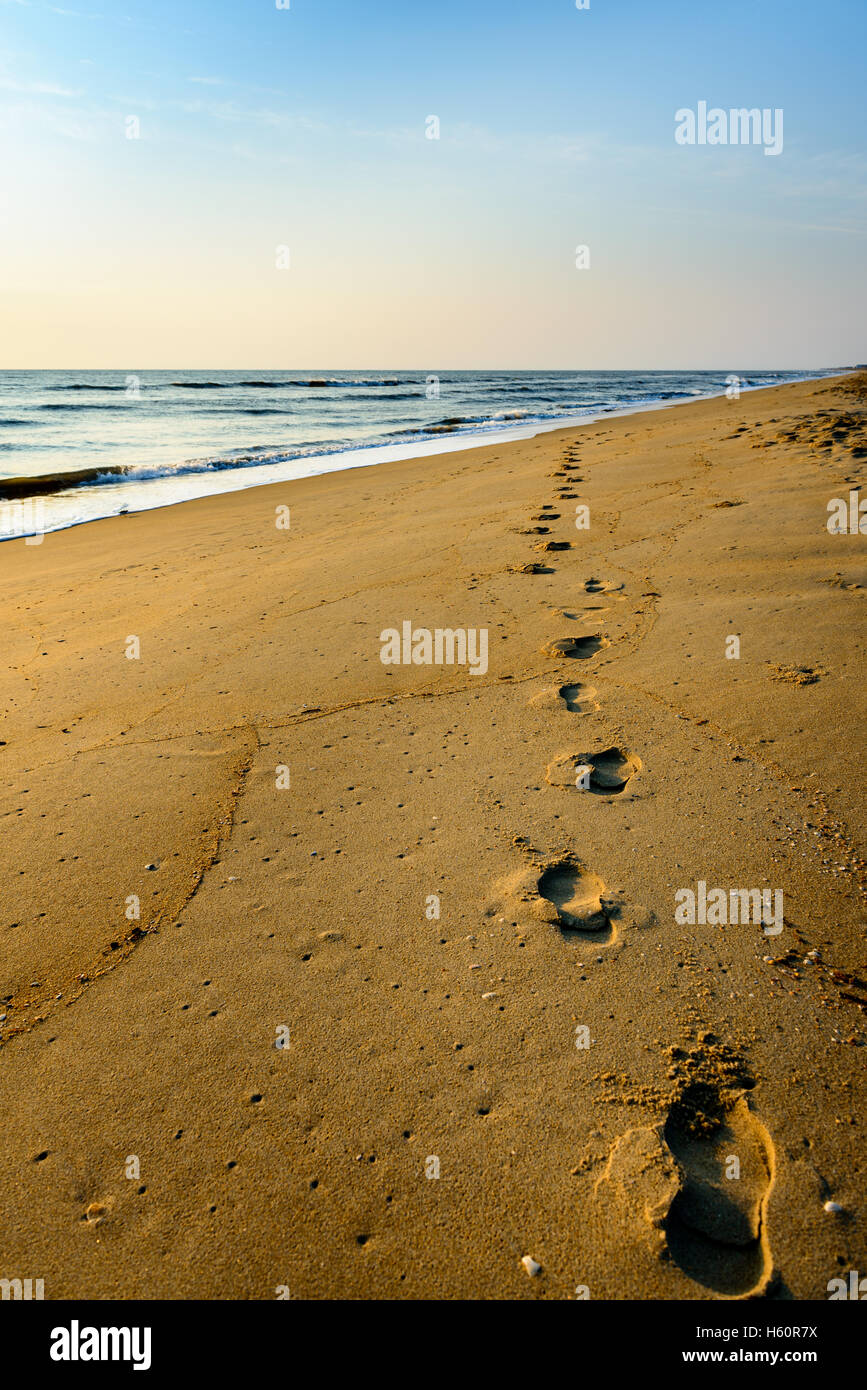 An image of a footprints fading off into the ocean. Captured in ...