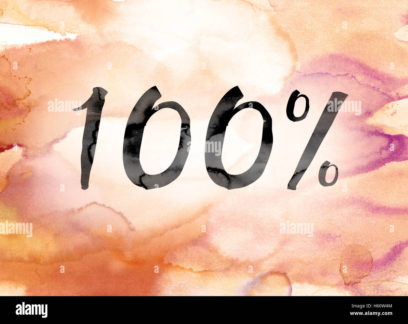 The word "100 Percent" painted in black ink over a colorful watercolor ...