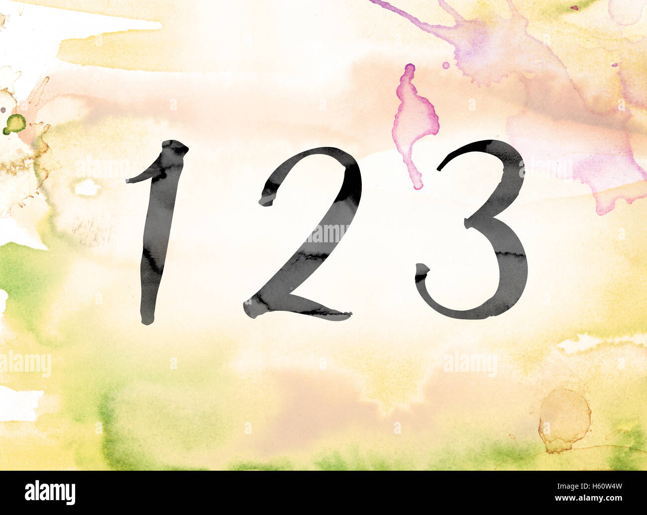 The word "123" painted in black ink over a colorful watercolor washed ...